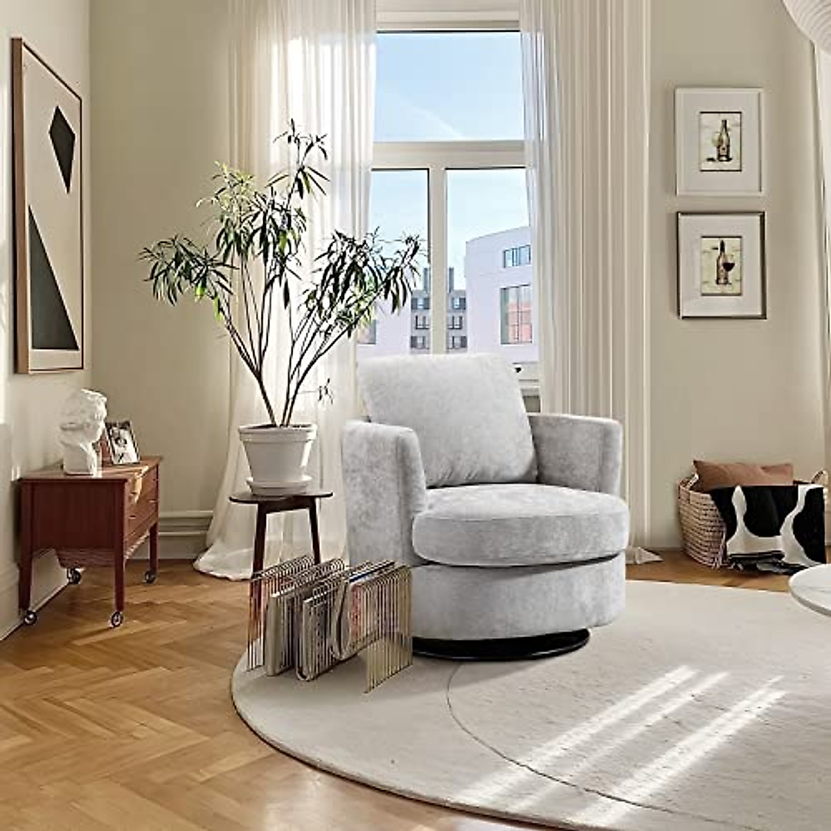 Swivel Accent Chairs Living Room Modern Comfy Round Arm Chairs Upholstered Barrel Swivel Chairs Sillas De Sala Circle Club Chair Cozy Chairs for Small Spaces Bedroom (Grey Chenille, Set of 1)