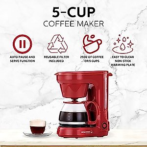 Holstein Housewares - 5 Cup Drip Coffee Maker - Convenient and User Friendly with Permanent Filter, Borosilicate Glass Carafe, Water Level Indicator, Auto Pause/Serve and Keep Warm Functions, Red
