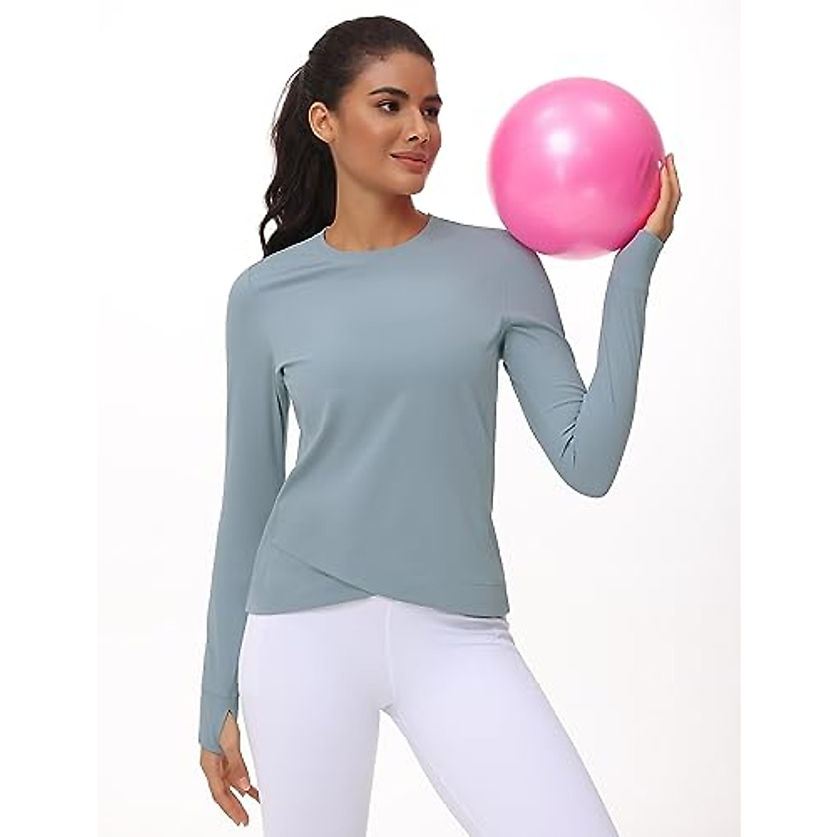 Women's Long Sleeve Compression Shirts Workout Tops Cross Hem Athletic Running Yoga T-Shirts with Thumb Hole Denim Blue