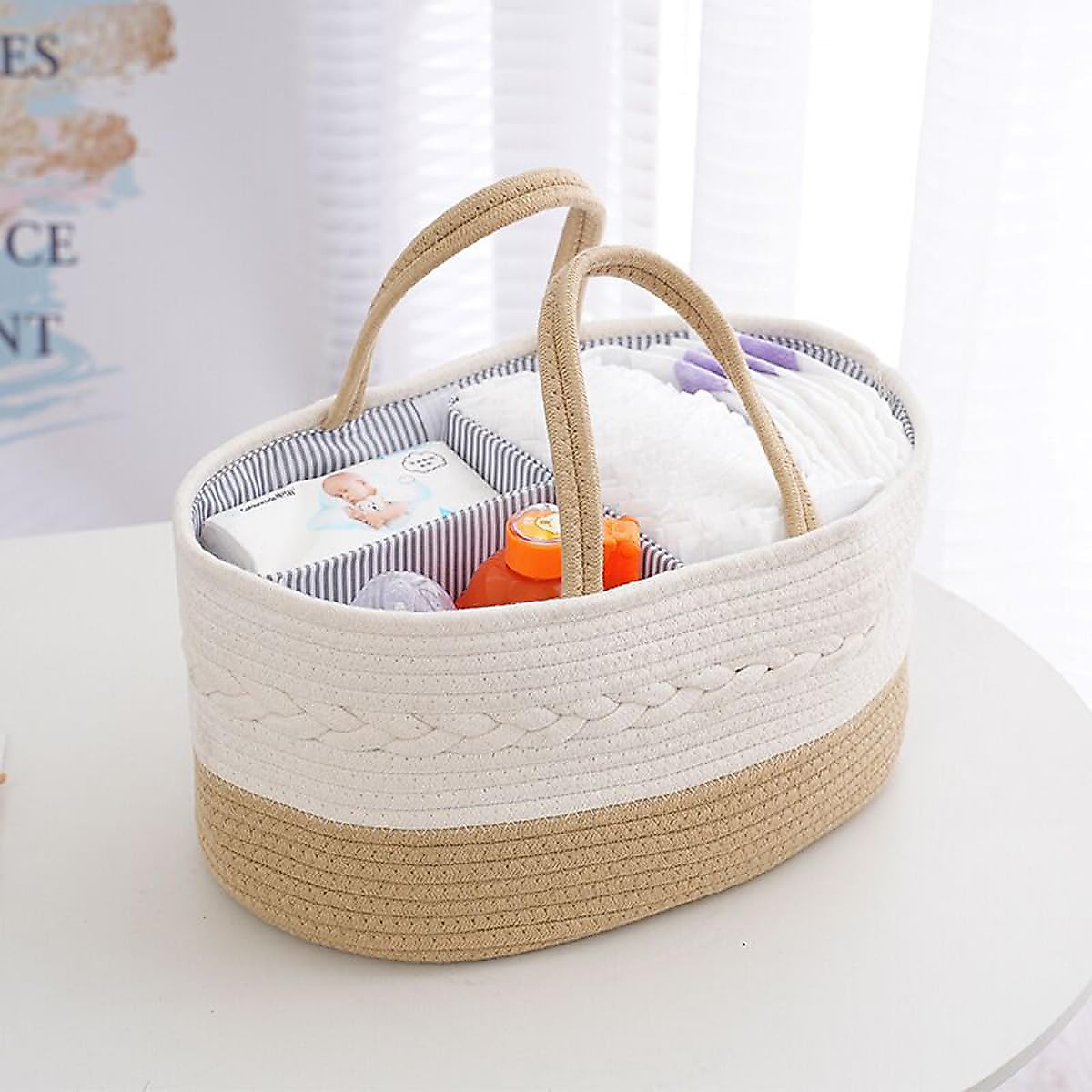 BSMstone Baby Diaper Caddy Organizer Diaper Basket with Divider Portable Car Organizer and Nursery Storage Bin Baby Best Shower Gifts for Newborn (Regular-White+Brown)