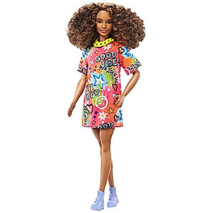 Barbie Doll, Kids Toys, Curly Brown Hair, Fashionistas, Athletic Body Shape, Graffiti-Print T-Shirt Dress, Clothes and Accessories
