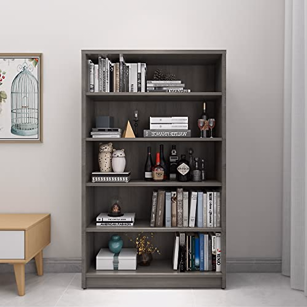 5-Shelf Wood Bookcase Freestanding Display Bookshelf for Home Office School (Grey,11.6" Depth*33" Width*59.8" Height)