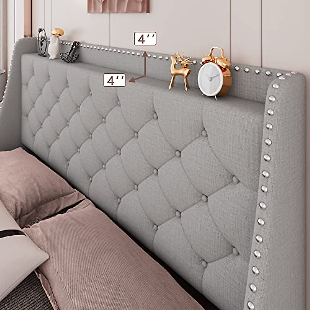 Feonase King Size Bed Frame with Deluxe Wingback Headboard, Upholstered Platform Bed Frame with Diamond Tufting & Storage Shelf, Wood Slats, Easy Assembly, Noise-Free, No Box Spring Needed, Light Gray