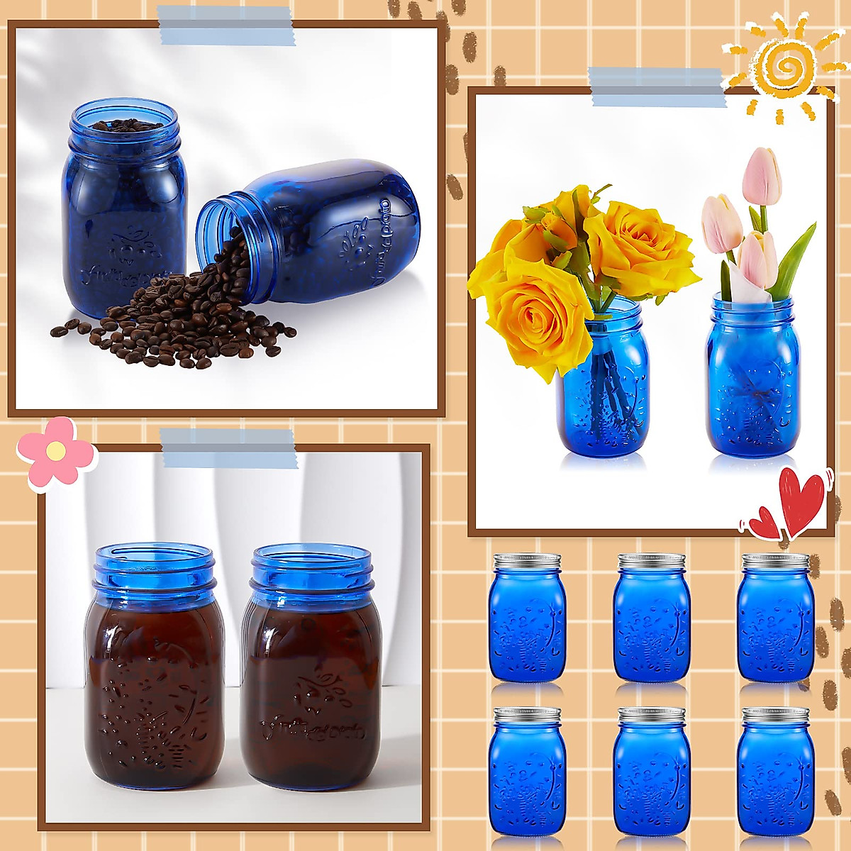 12 Pieces 32 oz Colored Mason Jars Glass Mason Jars with Lids Glass Wide Mouth Canning Jar Mason Jars NOT Allowed Dishwasher (Dark Blue)