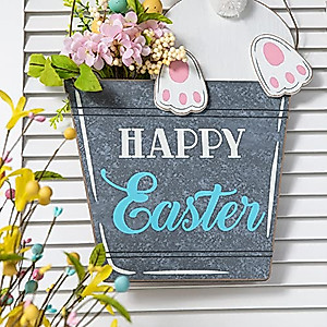 Glitzhome 18 Inch Wooden Easter Bunny Hanging Decoration,"Happy Easter" Rabbit Welcome Sign wood Bunny Eggs Easter Decorations for Door Home Garden Spring Party
