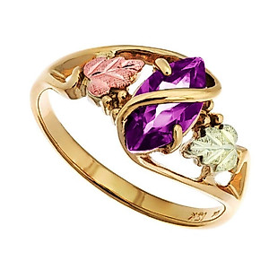 Amethyst Marquise Petite Leaf Ring, 10k Yellow Gold, 12k Green and Rose Gold Black Hills Gold Motif, Size 10.75