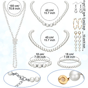 Yaomiao 8 Pcs Pearl Jewelry Set 1920s Costume Accessories for Women Long Pearl Necklace Hoop Earrings Bracelet New Year Gift(Vintage Style)