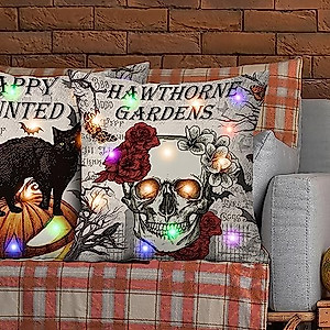 Hexagram Lighted Halloween Pillow Covers, Halloween Decorations Skull Pumpkin Black Cat LED Halloween Pillows Covers 18x18 Set of 4, Halloween Light Gothic Decor Pillows for Couch Sofa Indoor