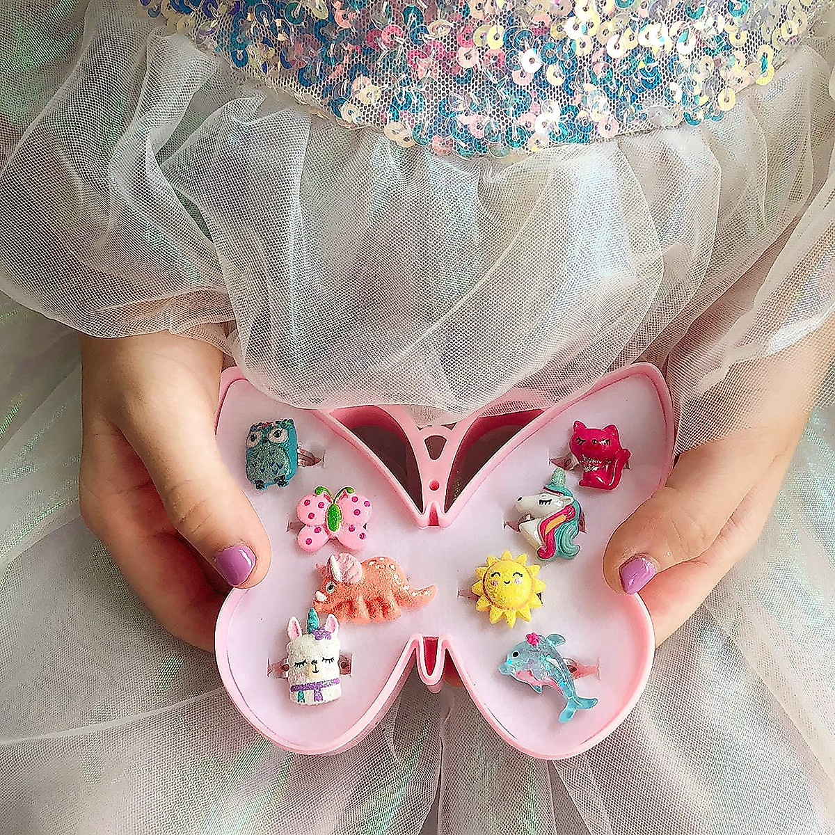 ELEMIRSA 8pcs Little Girl Jewel Rings Adjustable Costume Princess Pretend Play and Dress Up Rings for Girl Toddlers Teens Children's Jewelry Set Toy Butterfly Box