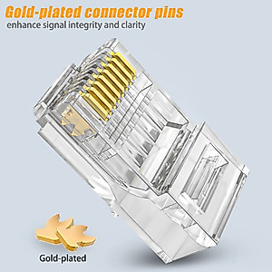 AOWIZ RJ45 Cat6 Cat6a Connector Pass Through 23AWG 100-PACK Gold Plated 8P8C Ethernet Ends for Unshielded Twisted Pair Solid Wire & Standard Cables