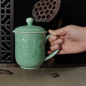 Handmade Celadon Coffee Mug Tea cup with Lid 13oz Porcelain Milk Cup Embossed with Goldfish Ceramic Microwave and Dishwasher Safe (Green)