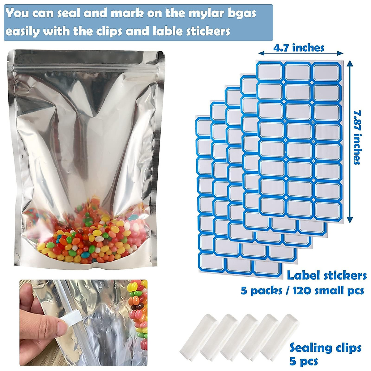 100-Pack Reclosable Large Mylar Bags for Food Storage 6.3" x 9.5" Stand Up Ziplock Pouch Bags Bulk Resealable Smell Proof Aluminum Silver Foil Bags with Clear Window Kitchen Storage Edible Packaging