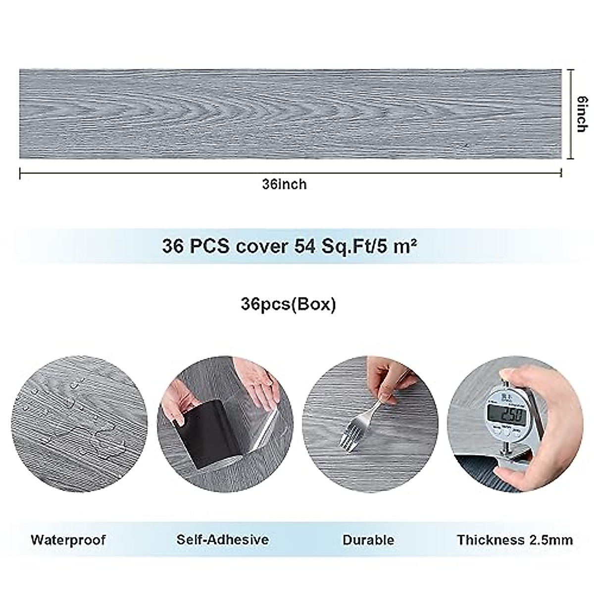 Peel and Stick Floor Tile, 36PCS 54 Sq.Ft Vinyl Flooring, Rigid Wood Surface Waterproof Hard Core, Self-Adhesive for Bedroom Bathroom Kitchen DIY Installation (36" x 6", Dark Grey)
