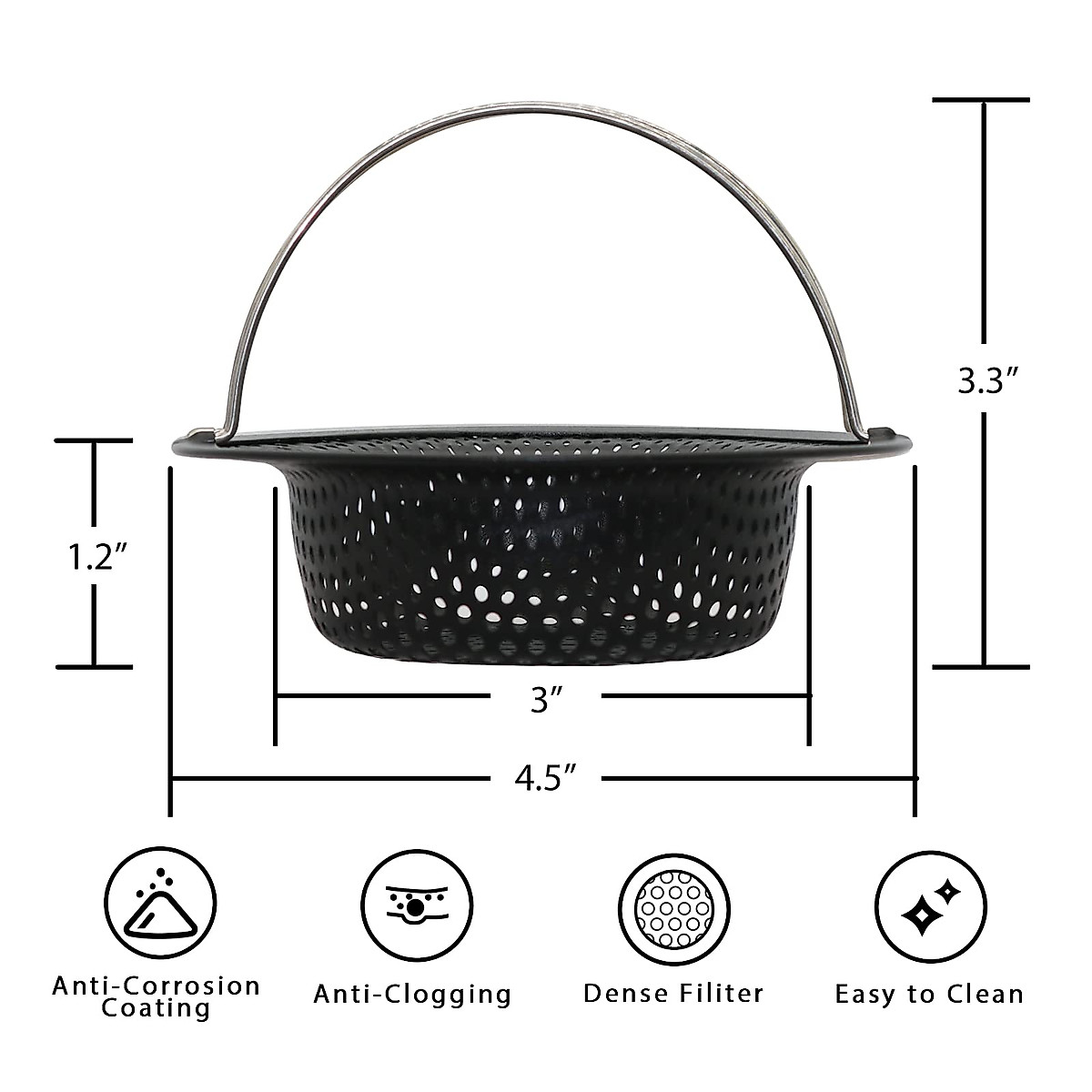 BERYLER® 2 Pcs Black Kitchen Sink Strainer with Handle, Large Wide Rim 4.5" Diameter Stainless Steel Sink Drain Strainer, Kitchen Drain Strainer for Most Sink Drains, Anti-Clogging, Rust Free…