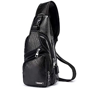 Seoky Rop Men's Leather Sling Bag Chest Crossbody Shoulder Bag with USB Charging Port Black