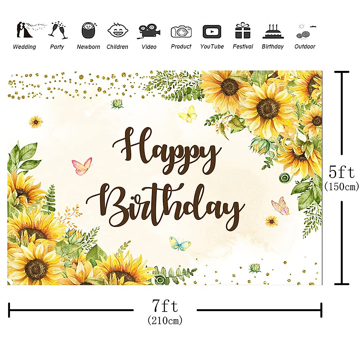 Aperturee 7x5ft Sunflowers Happy Birthday Backdrop Butterfly Gold Dots Girls Women Sweet 16th Bday Photography Background Party Decorations Photo Booth Studio Props Banner Supplies Cake Table