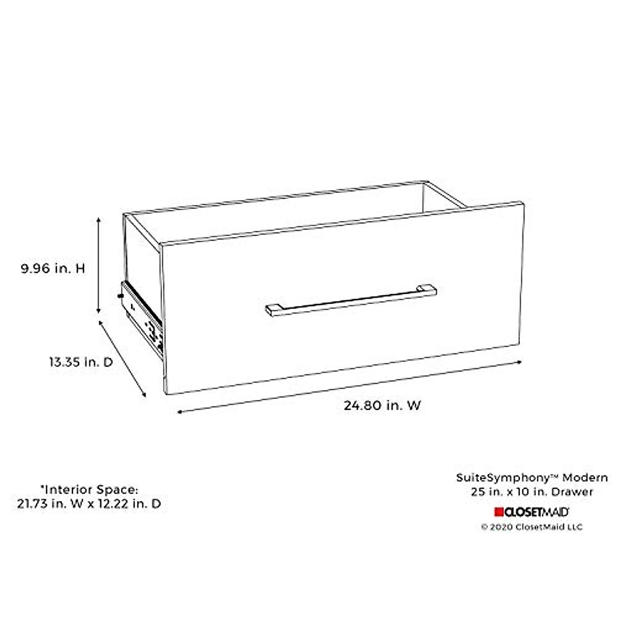 ClosetMaid SuiteSymphony Wood Drawer, Add On Accessory, Modern Style, for Storage, Closet Clothes, x 10” Size for 25 in. Units, Graphite Grey/Satin Nickel