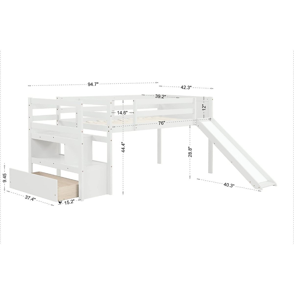 Low Loft Bed with Slide and Stairs Twin Loft Bed with Storage Wood Bed Frame for Kids Teens Girls Boys， White