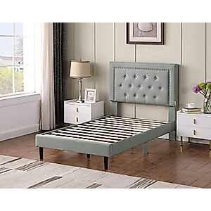 Twin Upholstered Platform Bed Frame with 48" Tall Adjustable Headboard - Button Tufted Linen Velour Bed - Wood Slat Support with Storage Space - No Box Spring Needed - Grey - Oliver & Smith - Berlin