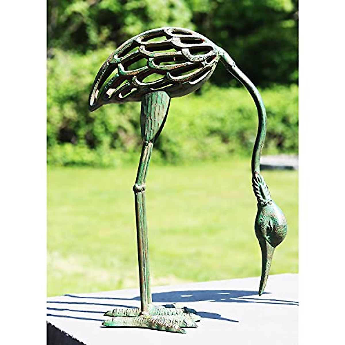 Seraphic Cast Iron Garden Decor Crane Bird Statues, Antique Green, Set of 2