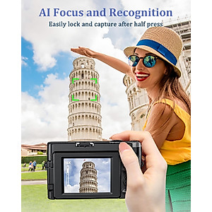 4K Digital Camera with Flash & Selfie, 48MP Camera for Photography with Autofocus 16X Zoom, Anti-Shake Vlogging Camera Compact Travel Digital Cameras with Flip Screen, 32GB Memory Card, Two Batteries