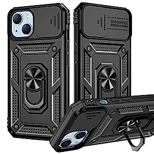 Goton Armor Case for iPhone 14 Case & iPhone 13 Case with Slide Camera Cover & Kickstand, Heavy Duty Military Grade Protection Phone Case, Built-in Rotate Ring Stand, Shockproof Rugged Case Black