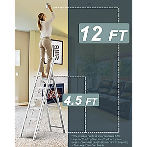 COROCO 6 Step Ladder for 12 Feet High Ceiling, Folding Step Stool with Handgrip and Anti-Slip Wide Pedal, Portable Lightweight Aluminum Stepladder for Kitchen, Home (300 lbs Capacity) - White