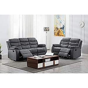 Kingway Modern Fabric 3pcs Reclining Set for Living Rooms Upholstered Manual Motion Couches Sofas, 3+2 SEAT, Gray