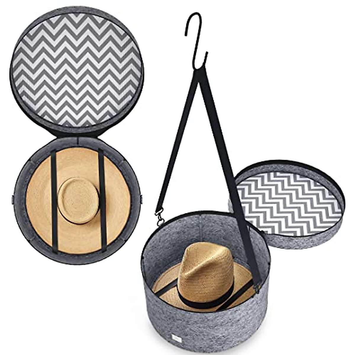Hat Storage Box to Protect & Store Hats - Hat Travel Case w/Stability Poles - Cowboy Hat Box for Travel w/Hanging Strap & S Hook – Felt, Bohemian Canvas Fabric Hat Boxes for Men & Women
