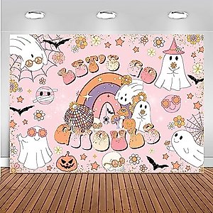 Mocsicka Halloween Bachelorette Party Backdrop Let's Go Ghouls Bridal Shower Party Decorations Retro Groovy Hippie Ghost Boo Wedding Engagement Cake Table Banner (Pink, 8x6ft(96''x72''))