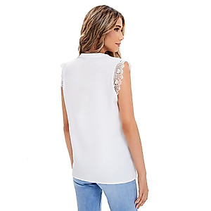 Milumia Women's Elegant Notch V Neck Sleeveless Blouse Guipure Lace Work Office Top (White, XX-Large, Sleeveless)
