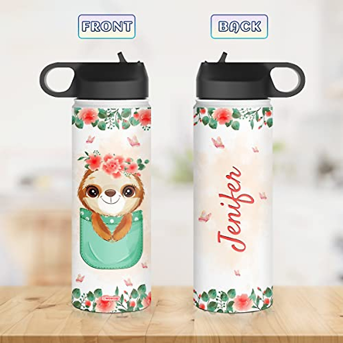 wowcugi Personalized Sloth Water Bottle Stainless Steel Sport Bottles Insulated 12oz 18oz 32oz Travel Cups Gifts for Lazy Sloths Lovers Birthday Christmas Back To School Presents Idea