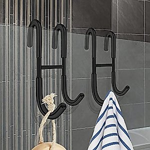 Shower Door Hooks, 2 Pack Towel Hooks for Bathroom Frameless Glass Drilling-Free Hanger, 304 Stainless Steel Over The Glass Door Hooks for Bathing Suits, Robe, Towel, Squeegee, Loofah, Shaver(Black)