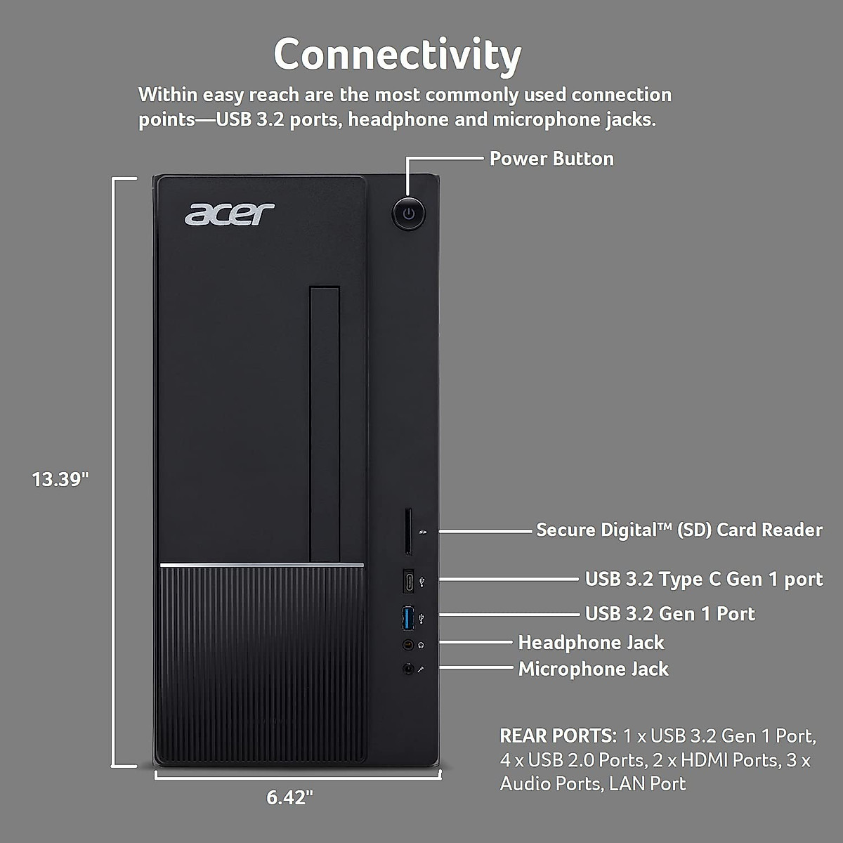 Acer Aspire TC-1770-UR11 Desktop | 13th Gen Intel Core i5-13400 10-Core Processor | 8GB 3200MHz DDR4 | 512GB M.2 2280 PCIe Gen 4 SSD | SD Card Reader | Intel Wi-Fi 6E AX211 | Windows 11 Home,Black