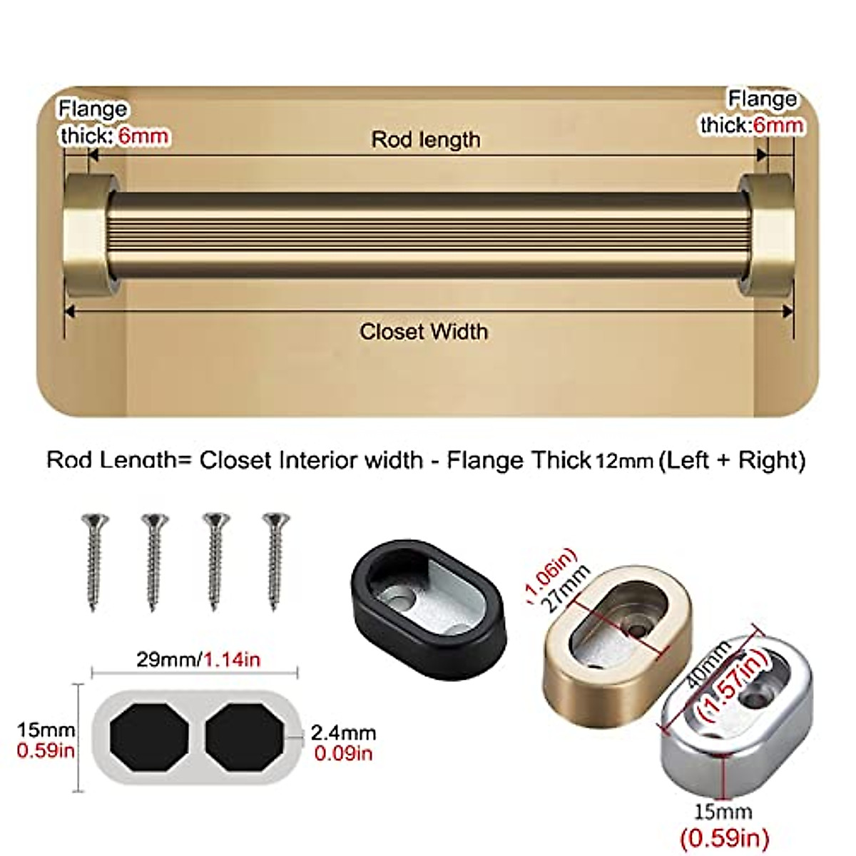 Wardrobe Rod Metal Hanging Pole, Bedroom Closet Garment Bar with Screws Kit, 40/50 / 60/70 / 80/100 / 120/150 cm Long (Color : Black, Size : 120cm/47.2 in)