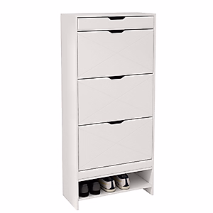 LSKTGA Tipping Bucket Shoe Storage Cabinet, 3-Tier Freestanding Tipping Bucket Shoe Cabinet Shoe Rack with Drawer and Adjustable Shelf, Modern Narrow Storage Organizer for Entryway