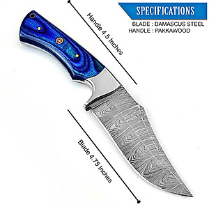 BG Knives 9.25" Overall Length Handmade Damascus Steel Hunting Fixed Blade Skinner Knife With Leather Sheath, Pakkawood Handle BG-133