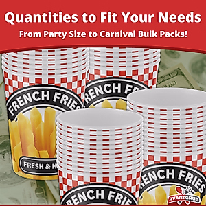 Durable Greaseproof Paper French Fries Cups 50 Pk. Handheld Size Sturdy Red Checkered Fry Containers Hold 12oz of Food! Great for Movie Nights, Party Meals, Carnival Snacks and Food Trucks!