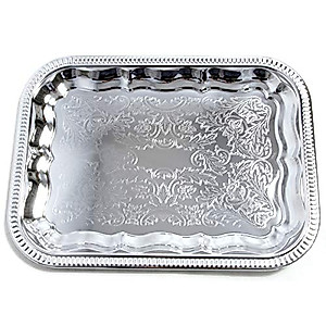 Maro Megastore (Pack of 4) 13.4-Inch x 10-Inch Oblong Rectangular Trim Victoria Flower Engraved Chrome Plated Serving Plate Mirror Tray Platter Tableware Candle Deco Art Holiday Party(Small) T227s-4pk