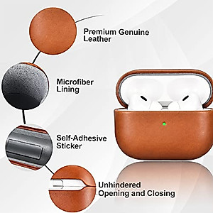 ICARERFAMILY Leather Case for AirPods Pro 2 (2022), Genuine Leather Shockproof Protective Cover for AirPods Pro 2 Earphones Charging Case (LED Visible) Support Wireless Charger Brown