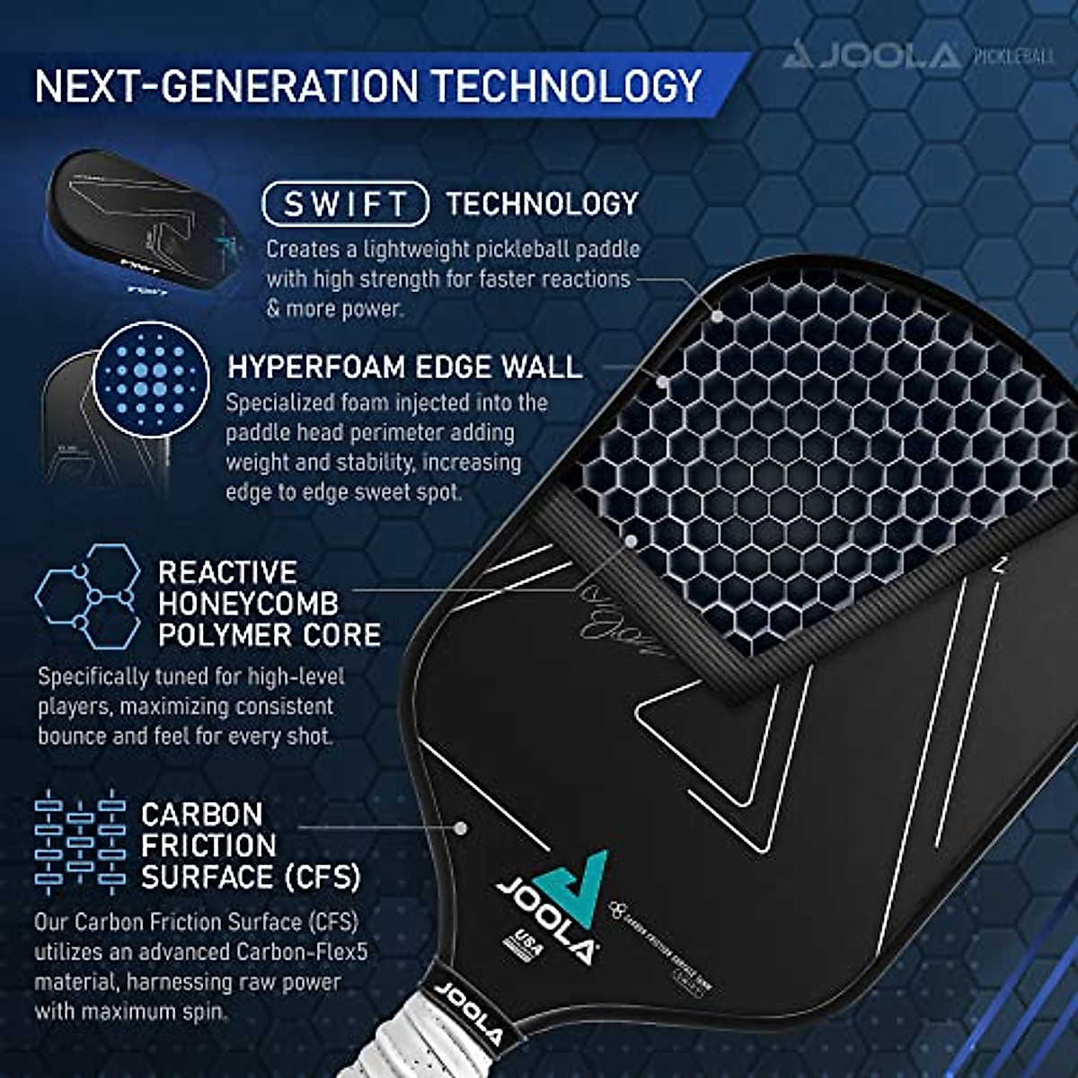 JOOLA Ben Johns Hyperion CFS 16mm Swift Pickleball Paddle - USAPA Approved for Tournament Play - Carbon Fiber Pickle Ball Racket - Maximum Speed with High Grit & Spin