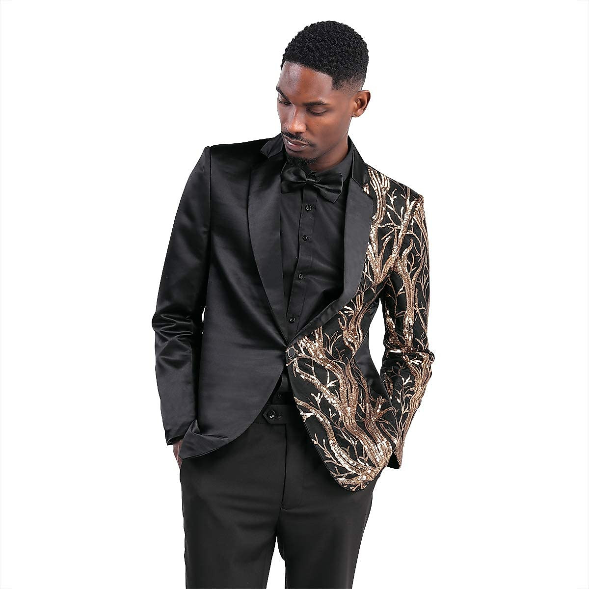 Cloudstyle Mens Stylish Dinner Tux Dress Blazer Gold Sequin Slim Fit Suit Jacket Sport Coat,Lightning Tree-Black,Large