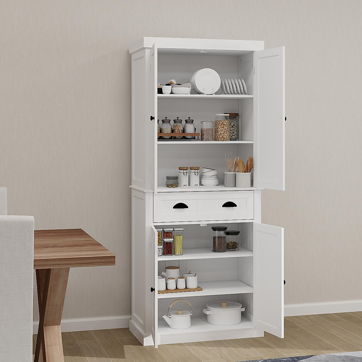 Locsear 71.65" Kitchen Pantry Cabinet, Traditional Freestanding Tall Storage Cabinet Cupboard with 4 Doors, 1 Drawer, and 4 Shelves, White