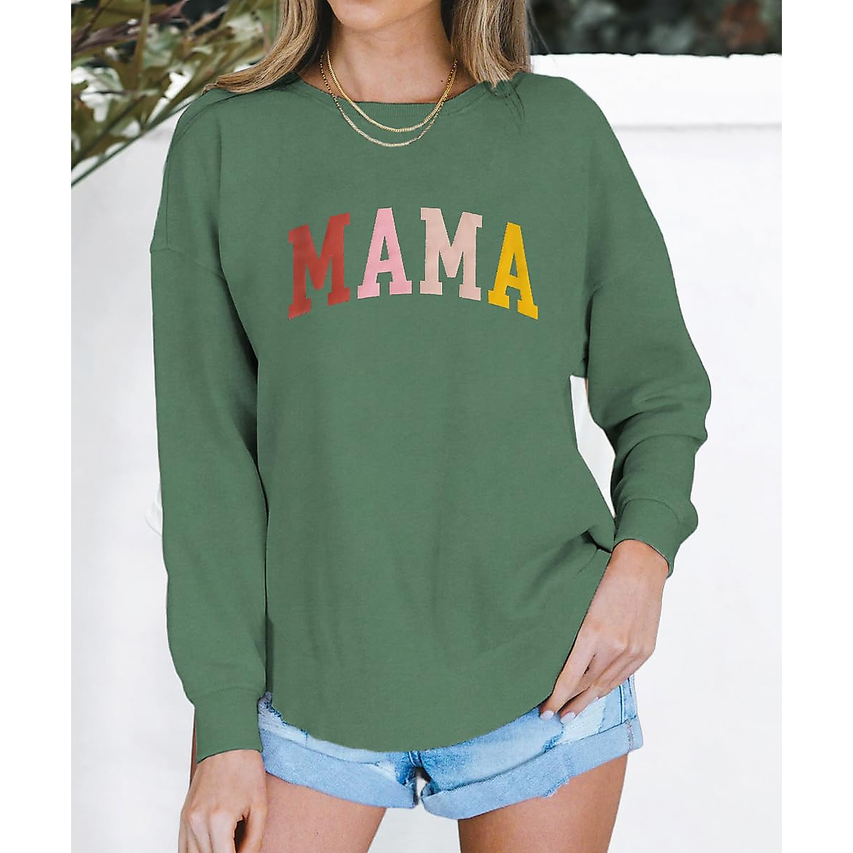 KEKEMI Mama Sweatshirt For Women Crewneck Mama Letter Print Pullover Tops Long Sleeve Mom Life Shirts Casual MAMA Graphic Top（Green-05,Small