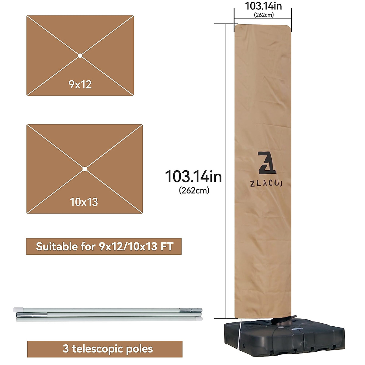 ZLACUIU Patio Umbrella Cover UV Resistant Patio Umbrellas Covers for 9ft to 13ft Cantilever Umbrella with Zipper and Rod, Tan