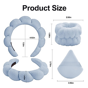 YANGYICHEN Spa Headband Makeup Headband for Washing Face 7pack, Face Wash Headband and Wristband Set - Puffy Terry Cloth Skincare Headband for Women and Girls, Blue