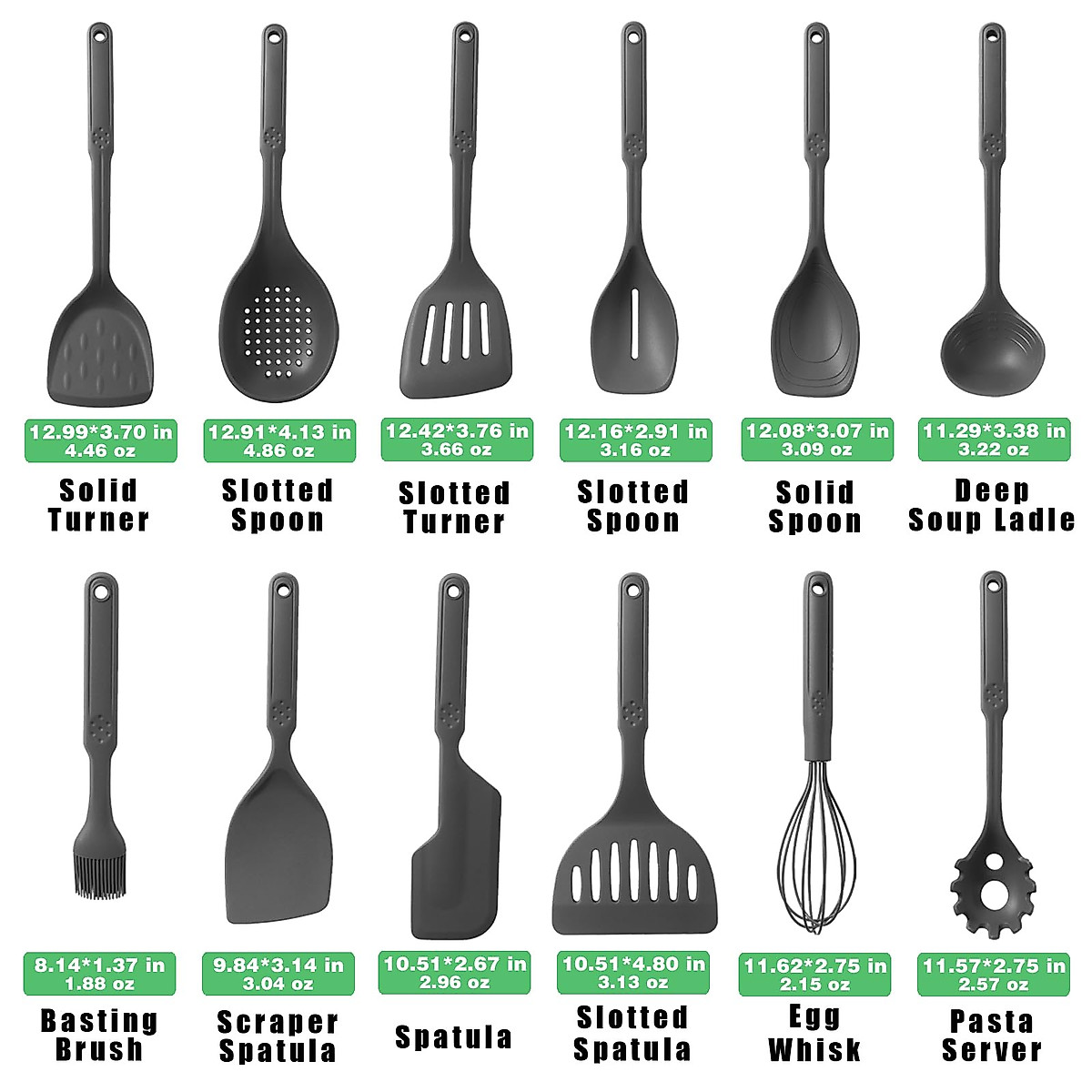 Zaeharee 12-Piece Gray Silicone Kitchen Utensils Set - Heat Resistant Complete Silicone Cooking Set with Silicone Spatula - Home Essentials for New Home