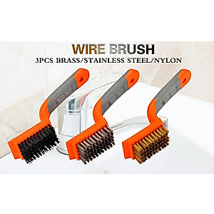 MAXMAN Wire Brush 3Pcs Brass/Stainless Steel/Nylon Wire Brushes for Cleaning Rust Bristle Brush Set with Rubber Curved Handle Grip Used for Dirt, Paint Remover (Orange+ Gray)