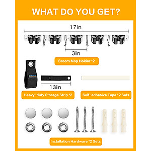 2 Pack Broom Holder Wall Mount with 13" Heavy-duty Storage Strap Bundle - 5 Racks and 4 Hooks Broom Hanger Wall Mount, Mop and Broom Holder Wall Mount, Self Adhesive, Heavy Duty, Stainless Steel