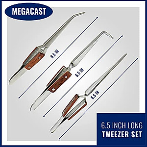 Megacast Bundle: Fiber Grip Soldering Tweezers Set - 6.5" Solder Tweezers (Approx. 45-Degree Angle), 6" Solder Tweezers (Approx. 90-Degree Angle) & 6.5" Straight Solder Tweezers
